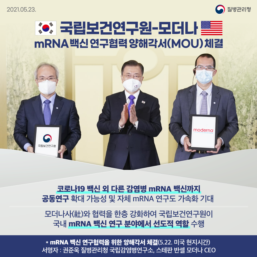 국립보건연구원-모더나 mRNA 백신 연구협력 양해각서(MOU) 체결 | 카드뉴스 | 홍보자료 | 알림·자료 : 질병관리청